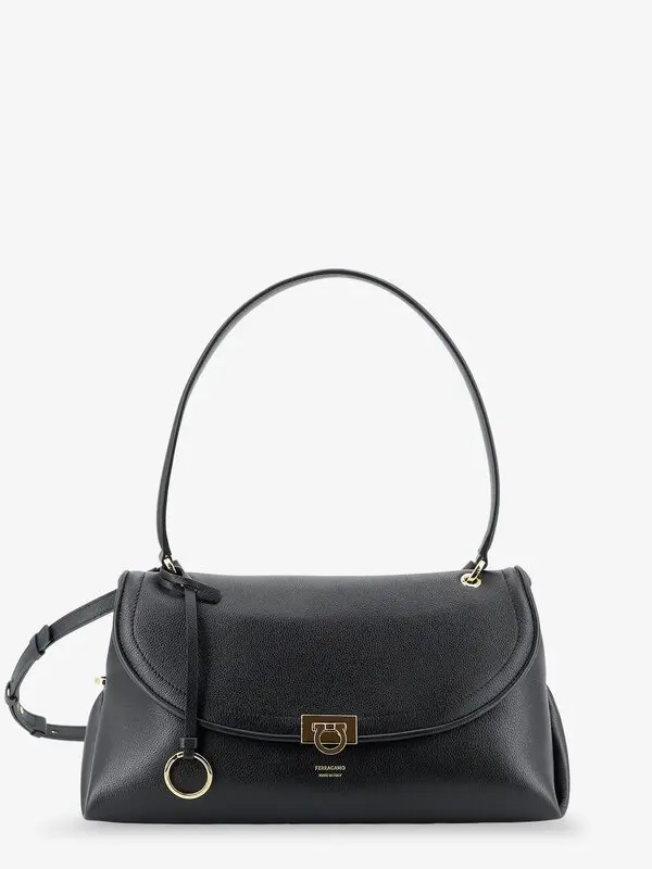 FERRAGAMO Leather Shoulder Bag With Gancini Detail - Black