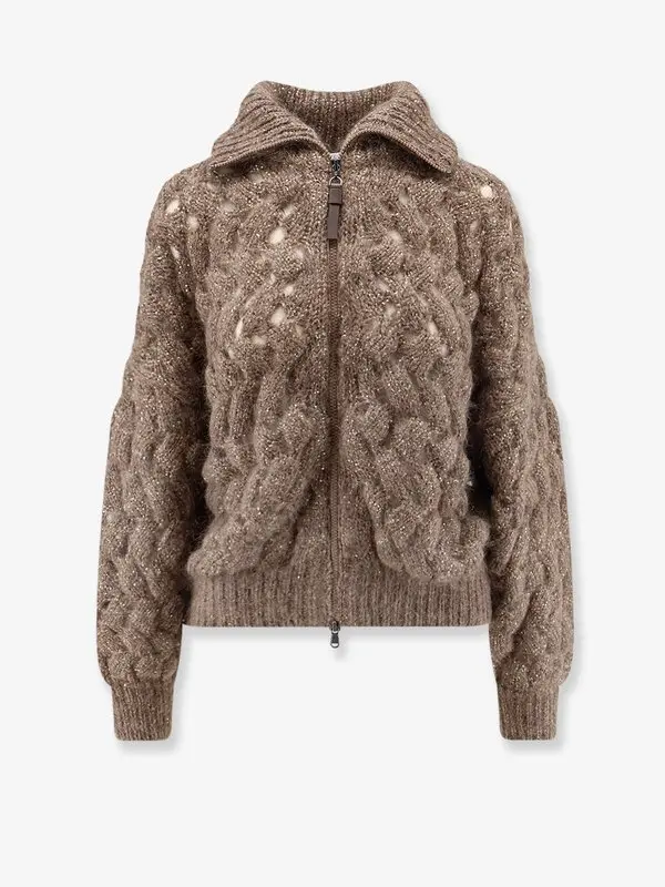Brunello Cucinelli Perforated Cardigan With Microsequins - Brown