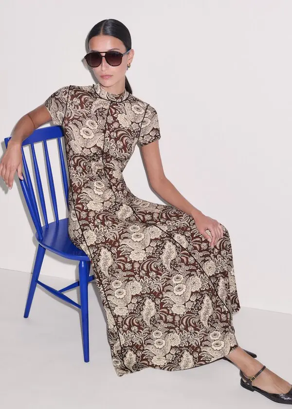 ME+EM Elaborate Botanical Print Short Sleeve Maxi Dress - Brown Multi