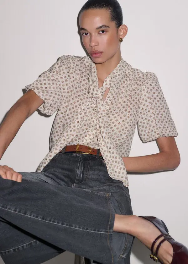 ME+EM Printed Silk Cotton Blouse With Tie Detail - Light Cream Multi