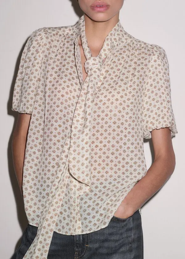ME+EM Printed Silk Cotton Blouse With Tie Detail