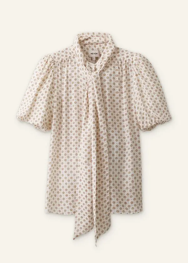 ME+EM Printed Silk Cotton Blouse With Tie Detail