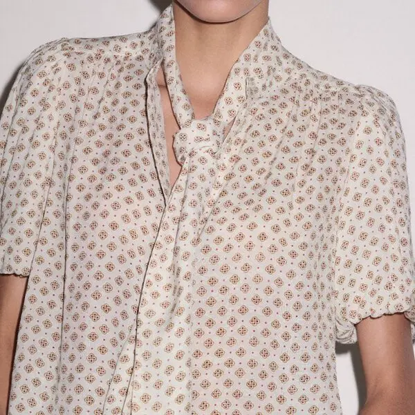 ME+EM Printed Silk Cotton Blouse With Tie Detail