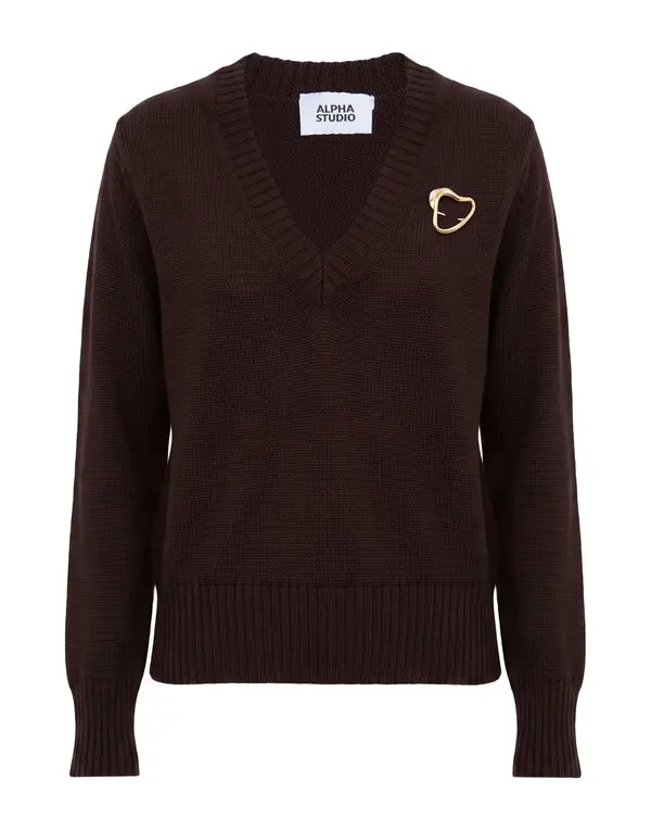 Alpha Studio Merino Wool V-neck Sweater - Brown