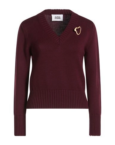 Alpha Studio Merino Wool V-neck Sweater With Brooch Detail - Red