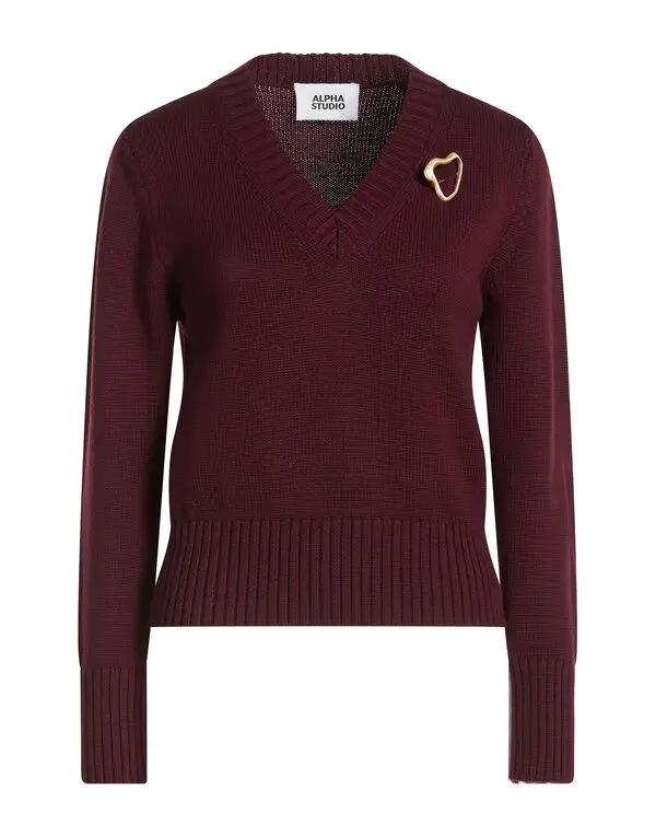 Alpha Studio Merino Wool V-neck Sweater With Brooch Detail - Red
