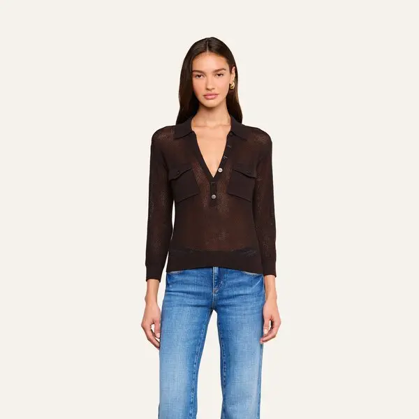 L'Agence Carine Pointelle Knit Polo With Utility Pockets - Coffee Bean