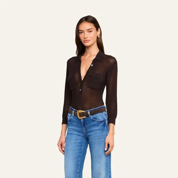 L'Agence Carine Pointelle Knit Polo With Utility Pockets - Coffee Bean