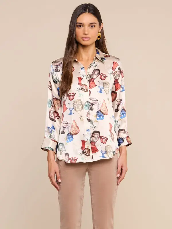 L'Agence Dani Silk Blouse With Vintage Glassware Print And 3/4 Sleeves