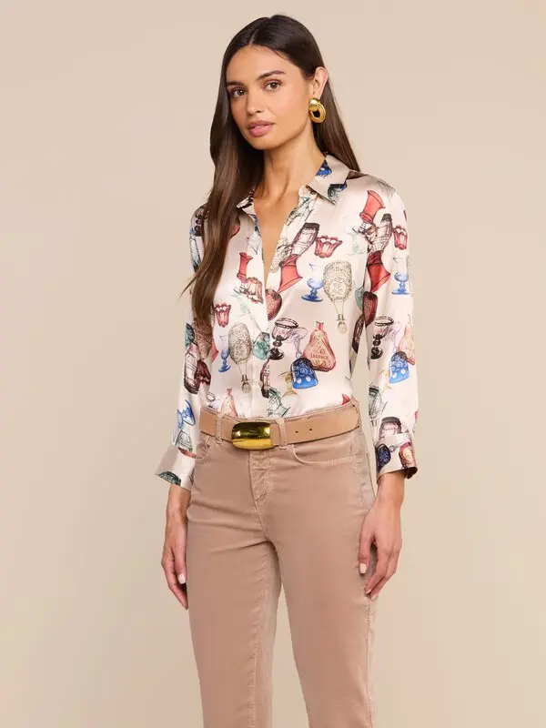 L'Agence Dani Silk Blouse With Vintage Glassware Print And 3/4 Sleeves