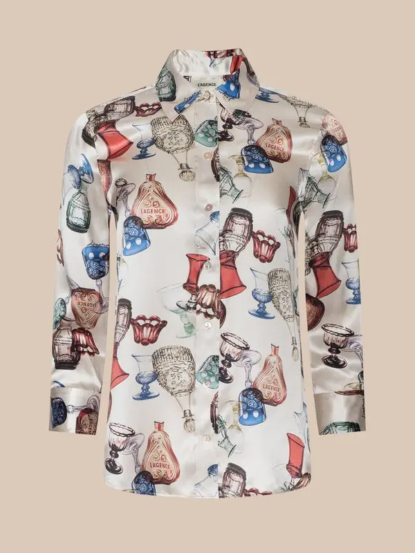 L'Agence Dani Silk Blouse With Vintage Glassware Print And 3/4 Sleeves