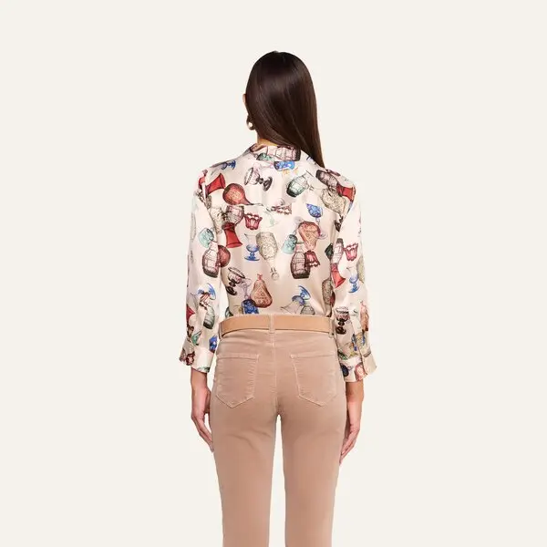L'Agence Dani Silk Blouse With Vintage Glassware Print And 3/4 Sleeves - Ecru Multi Glassware