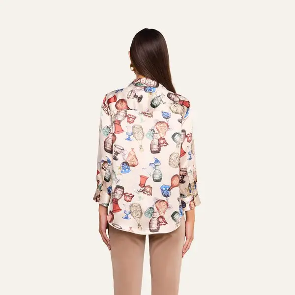 L'Agence Dani Silk Blouse With Vintage Glassware Print And 3/4 Sleeves - Ecru Multi Glassware