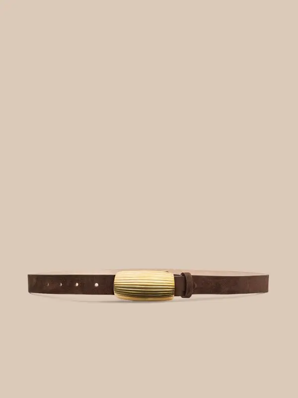 L'Agence Machado Suede Belt With Ribbed Buckle - Chocolate Suede