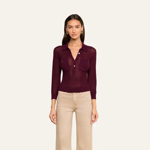 L'Agence Carine Pointelle Knit Polo Shirt - Deep Sangria