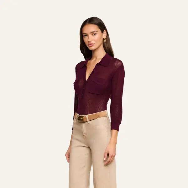 L'Agence Carine Pointelle Knit Polo Shirt - Deep Sangria