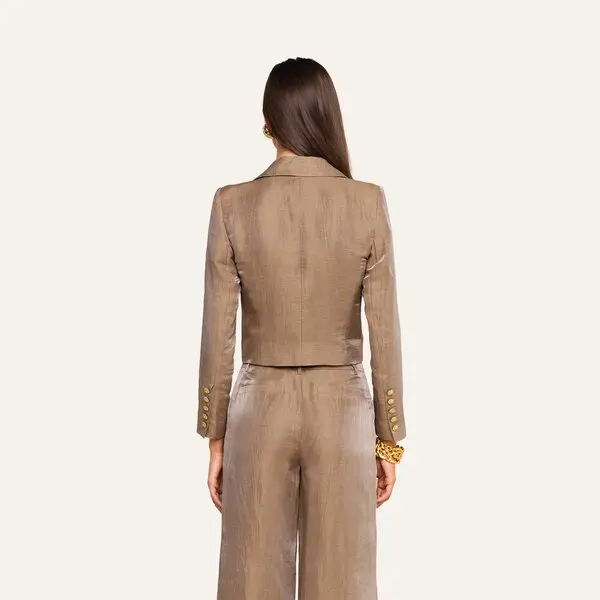 L'Agence Inez Cropped Blazer With Peak Lapels And Gold Button Detail - Latte/gold
