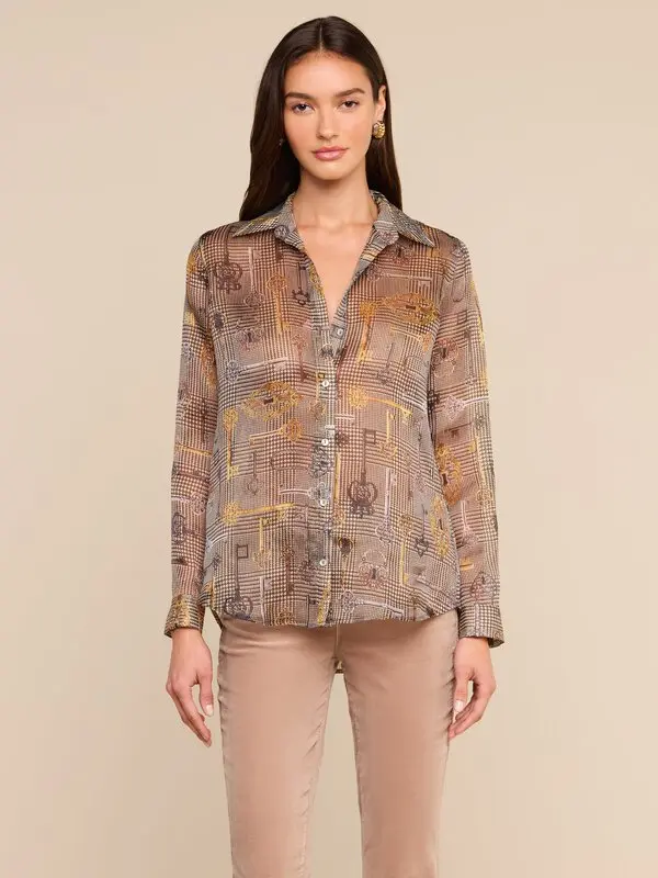 L'Agence Nina Silk Blouse Top In Houndstooth And Key Print