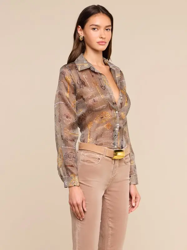 L'Agence Nina Silk Blouse Top In Houndstooth And Key Print