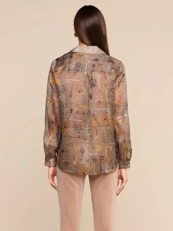 L'Agence Nina Silk Blouse Top In Houndstooth And Key Print