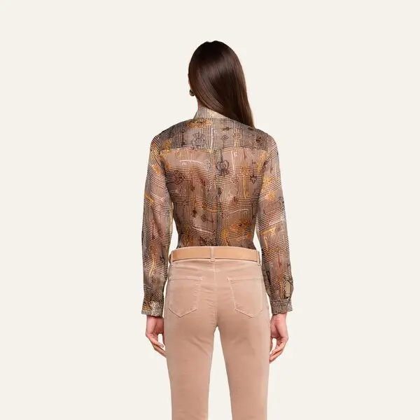 L'Agence Nina Silk Blouse Top In Houndstooth And Key Print - Brown Multi Houndstooth Key