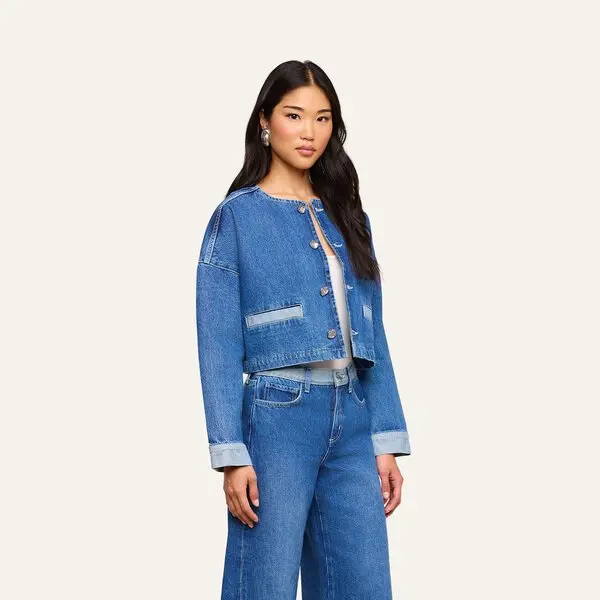 L'Agence Verona Collarless Cropped Denim Jacket