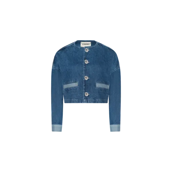 L'Agence Verona Collarless Cropped Denim Jacket