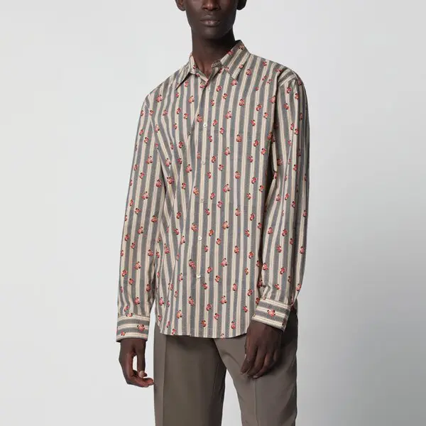 Dries Van Noten Striped Cotton Shirt With Floral Print - Beige