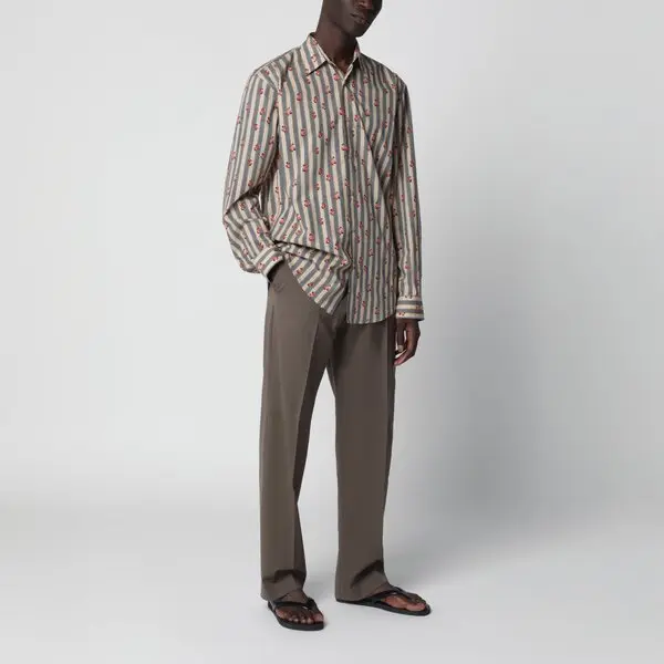 Dries Van Noten Striped Cotton Shirt With Floral Print - Beige