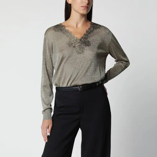 Valentino Garavani Viscose-blend Lace Trim V-neck Sweater - Metal