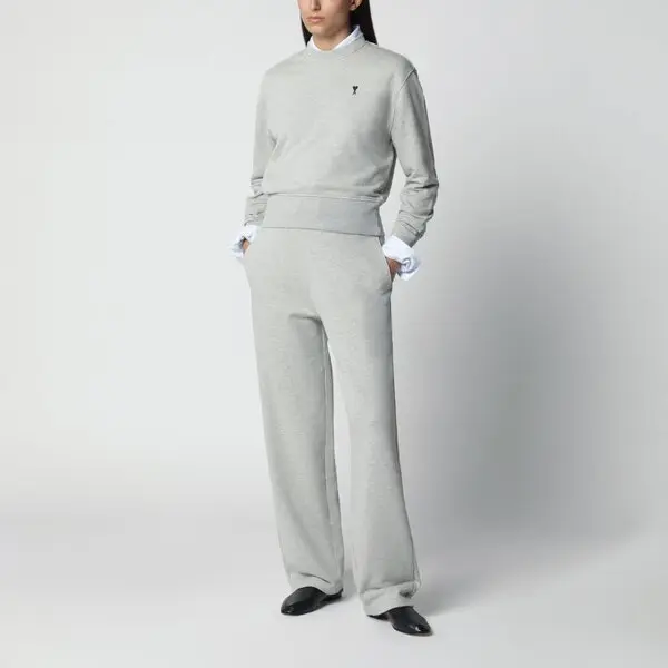 AMI Paris Heather Cotton Jogger Pants With De Coeur Embroidery - Grey