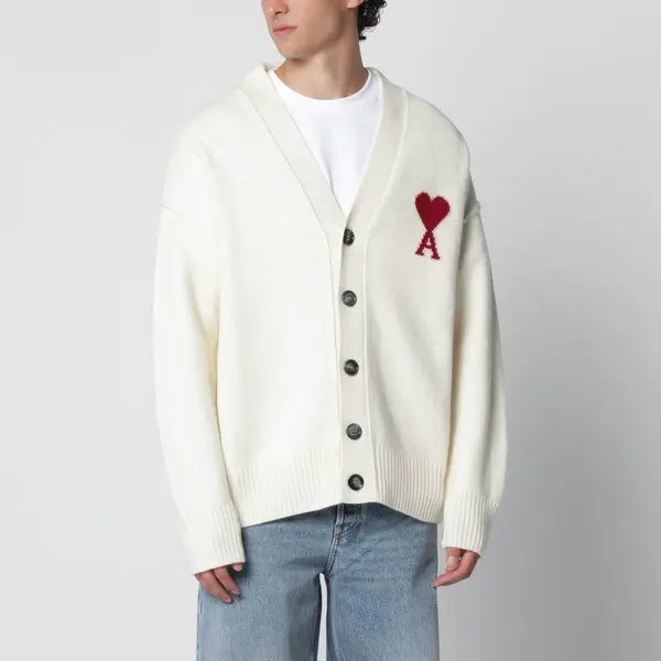 AMI Paris Virgin Wool De Coeur Cardigan - White