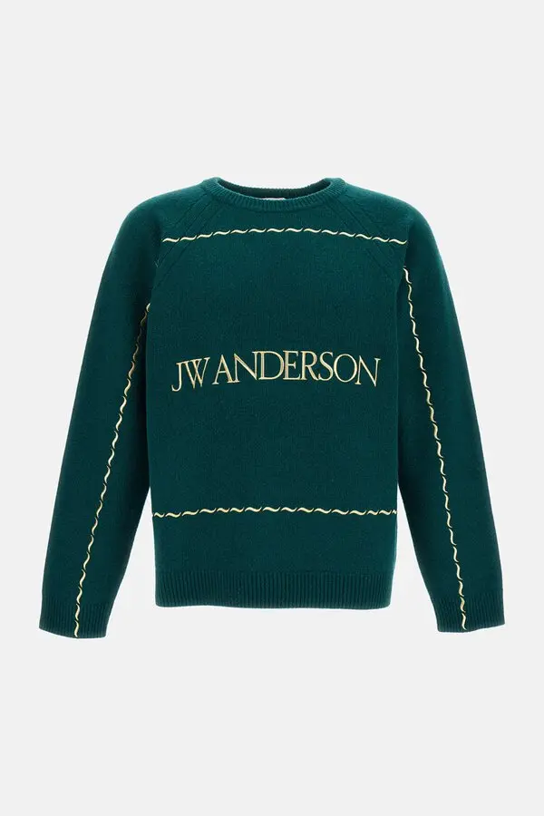 JW Anderson Logo Embroidered Crew Neck Wool Sweater - Verde