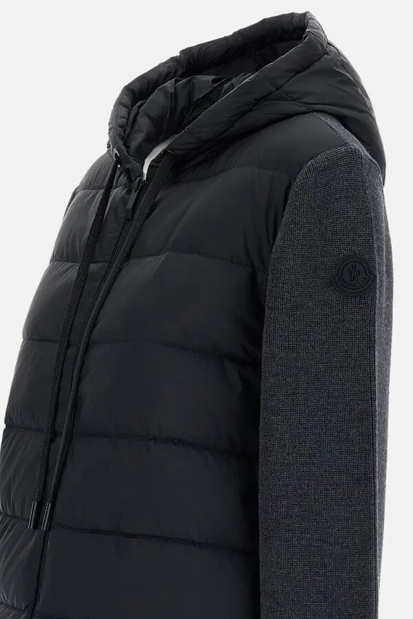 Moncler Wool Cardigan With Quilted Hood - Nero