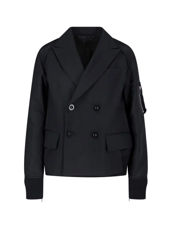 Sacai Double-breasted Twill Blazer With Zipper Accents - Black