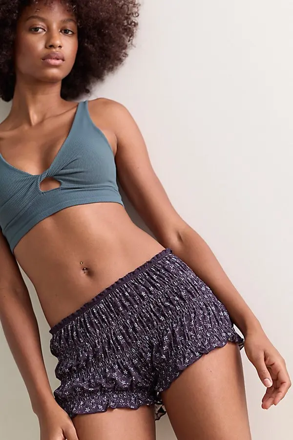 Free People Intimately Smocked Floral Slip Shorts With Lace Trim - Navy Combo