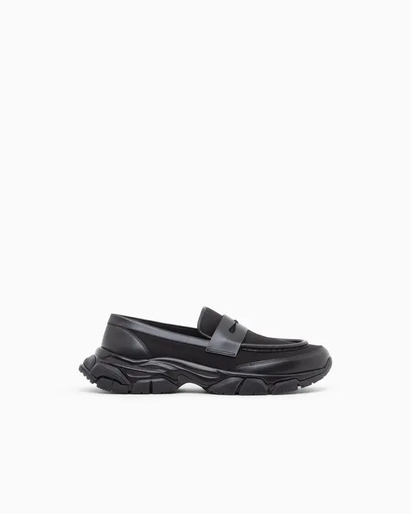 Giorgio Armani Loafers In Leather And Nylon With A Rubber Sole - Black