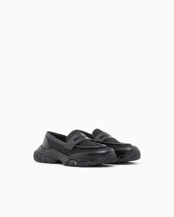 Giorgio Armani Leather And Nylon Loafer Sneakers With Rubber Sole