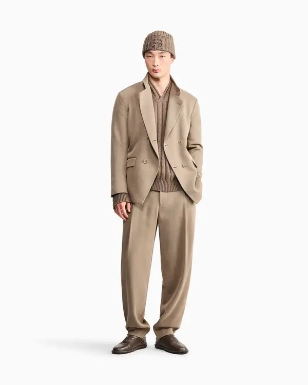 Giorgio Armani Wool Sweater With Shawl Collar And Rib Stitch - Beige