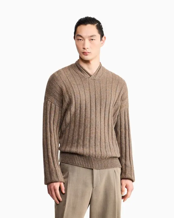 Giorgio Armani Wool Sweater With Shawl Collar And Rib Stitch - Beige