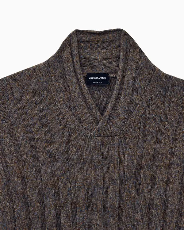 Giorgio Armani Wool Sweater With Shawl Collar And Rib Stitch - Beige