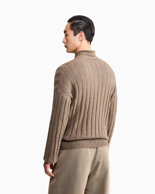 Giorgio Armani Wool Sweater With Shawl Collar And Rib Stitch - Beige