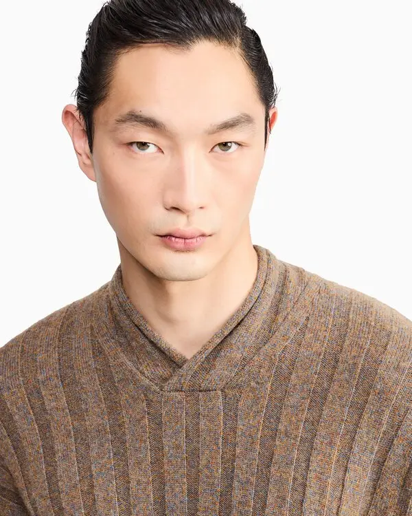 Giorgio Armani Wool Sweater With Shawl Collar And Rib Stitch - Beige