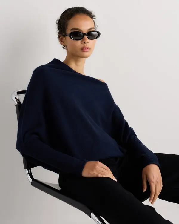 Quince 100% Mongolian Cashmere Asymmetric Draped Sweater - True Navy