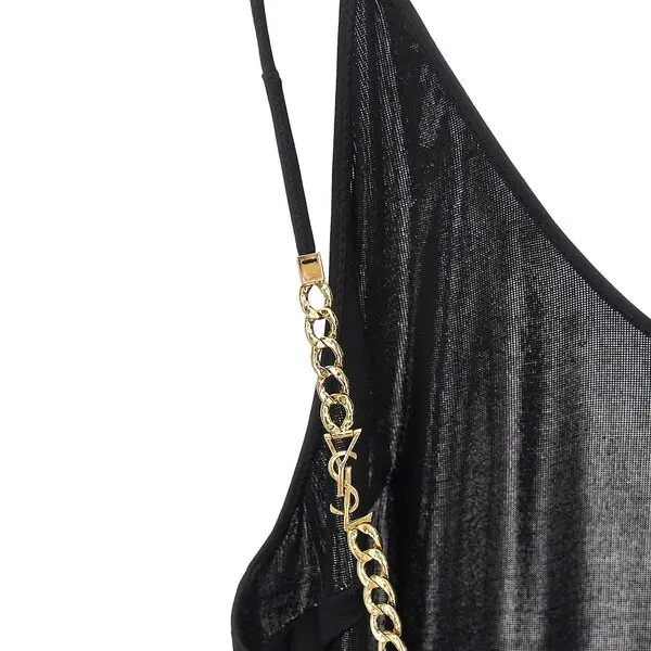 Saint Laurent Sleeveless Long Dress In Stretch Viscose With Chain Detail - Black