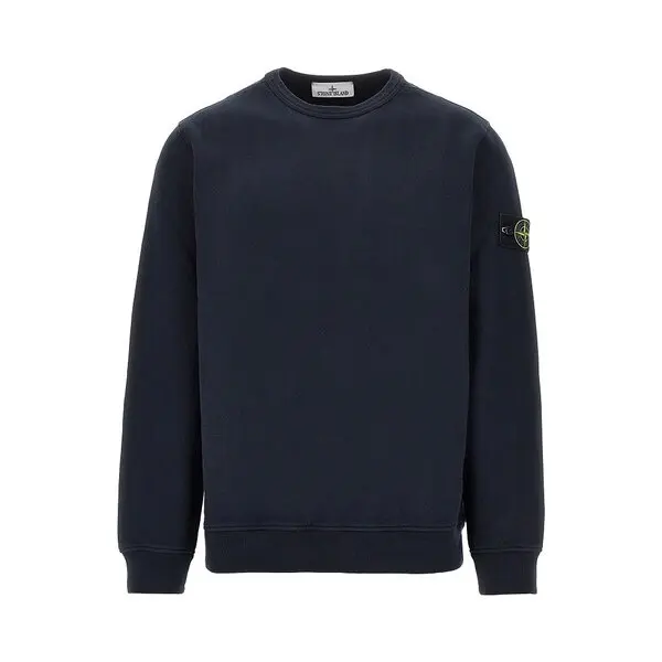 Stone Island Crewneck Cotton Weathirt With Logo Badge - Blue