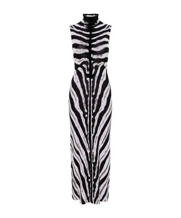 Attico Zebra Print Knitted High Neck Maxi Dress