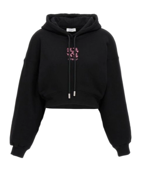 Off-White Logo Embroidered Cropped Hoodie - Black