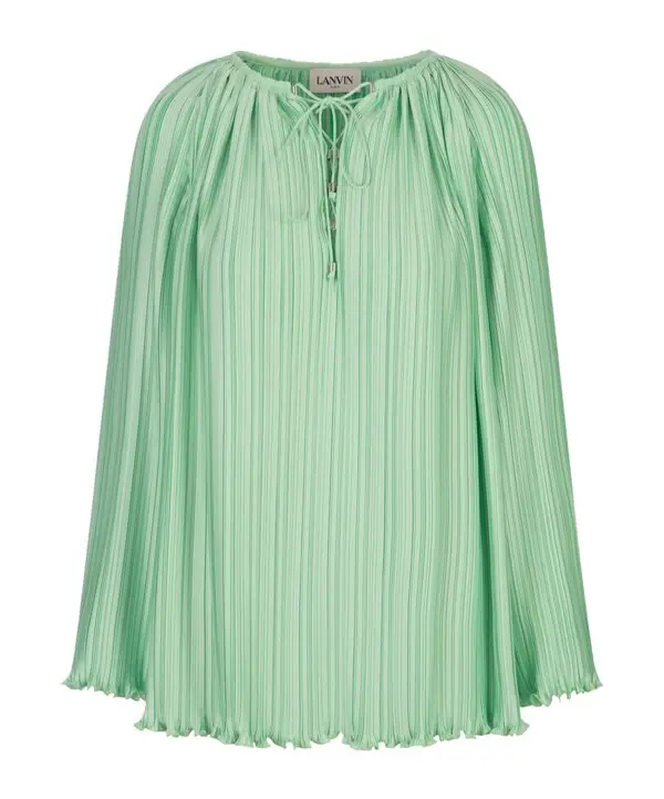 LANVIN Pleated Ruffled-hem Tied-neck Blouse