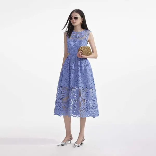SELF-PORTRAIT Lace Cut-out Detailed Midi Dress - Blue